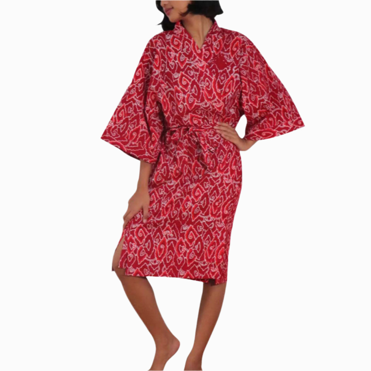 Hand Dyed Batik Robe Kimono, 100% Cotton, Red Storm, Burgundy – Kasih Co-op