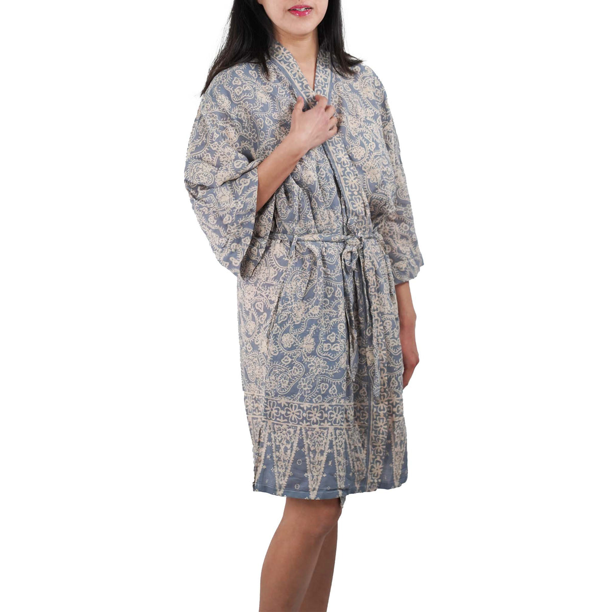 Hand Dyed Batik Robe Kimono, 100% Cotton, Gray, Silver Petals – Kasih Co-op