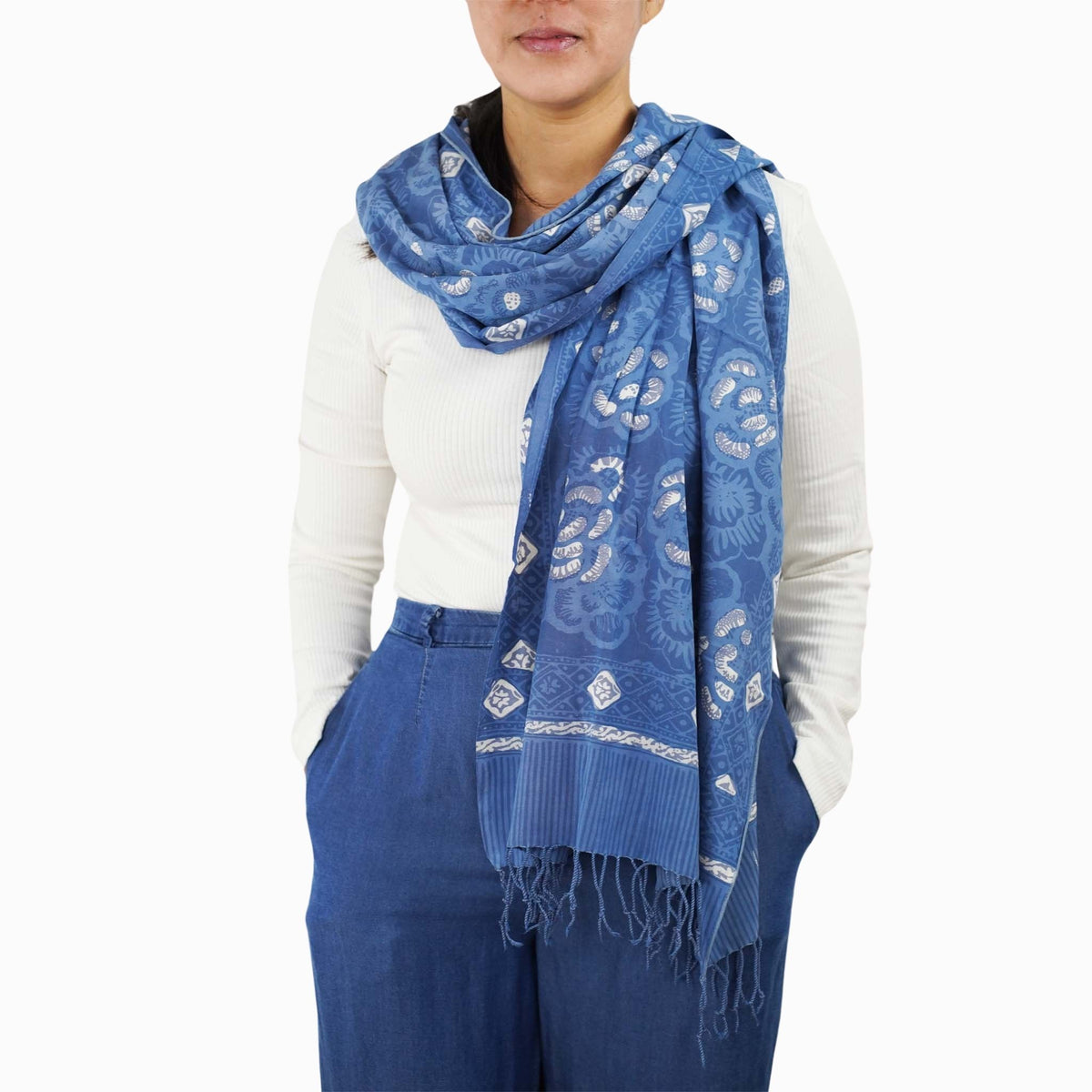 Hand Dyed Batik Scarf - Cotton - Blue Roses, White, Floral, Flower ...