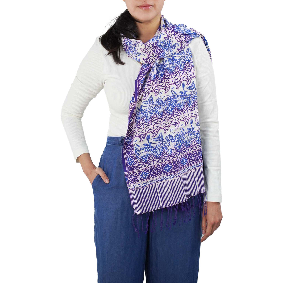 Hand Dyed Batik Scarf - Cotton - Vines in Navy Blue, Lightweight 100% ...