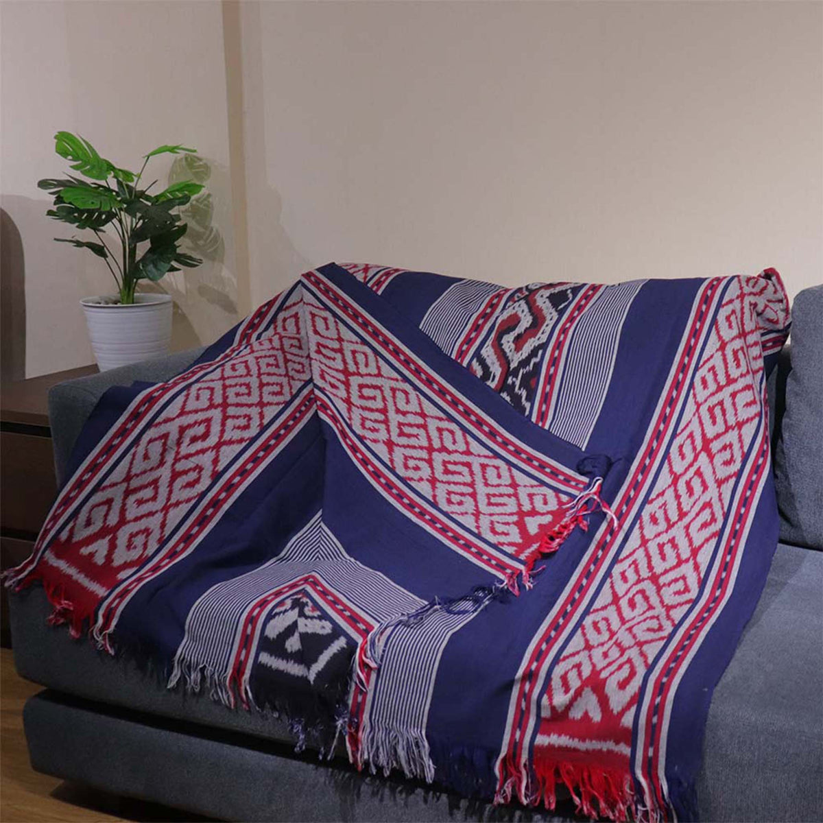Indonesia Ikat Blanket Throw Blue Handwoven Fair Trade Bedspread Boho ...