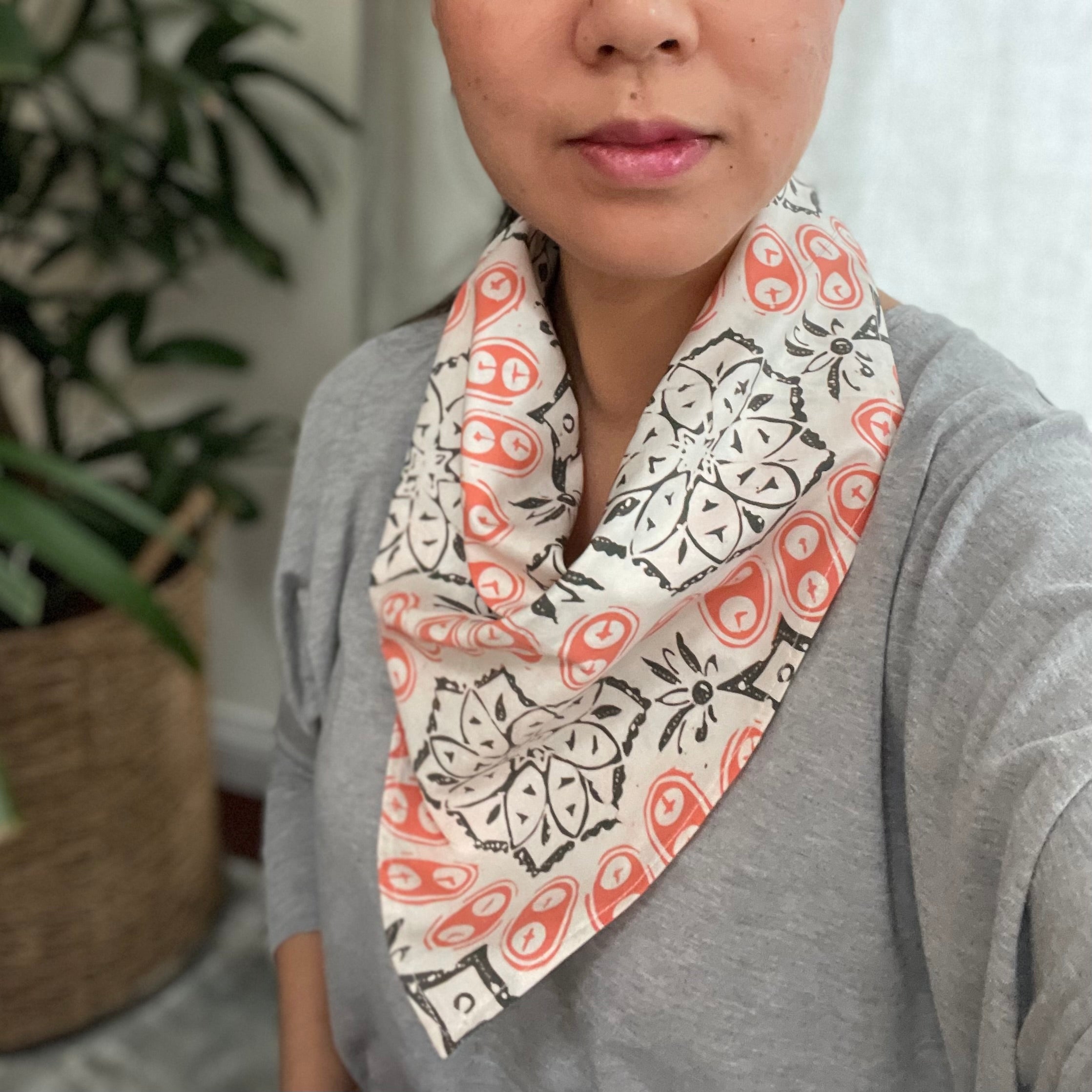 Hand-dyed and Hand-stamped Batik Bandana - Autumn Coral – Kasih Co-op